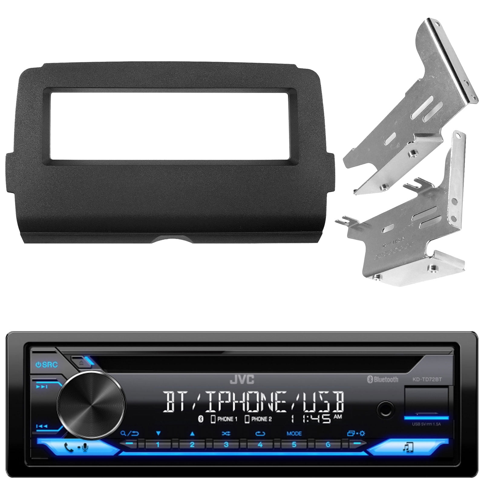 JVC KD-TD72BT Single DIN Bluetooth USB AUX AM/FM Radio Stereo CD Receiver Bundle Combo with ...