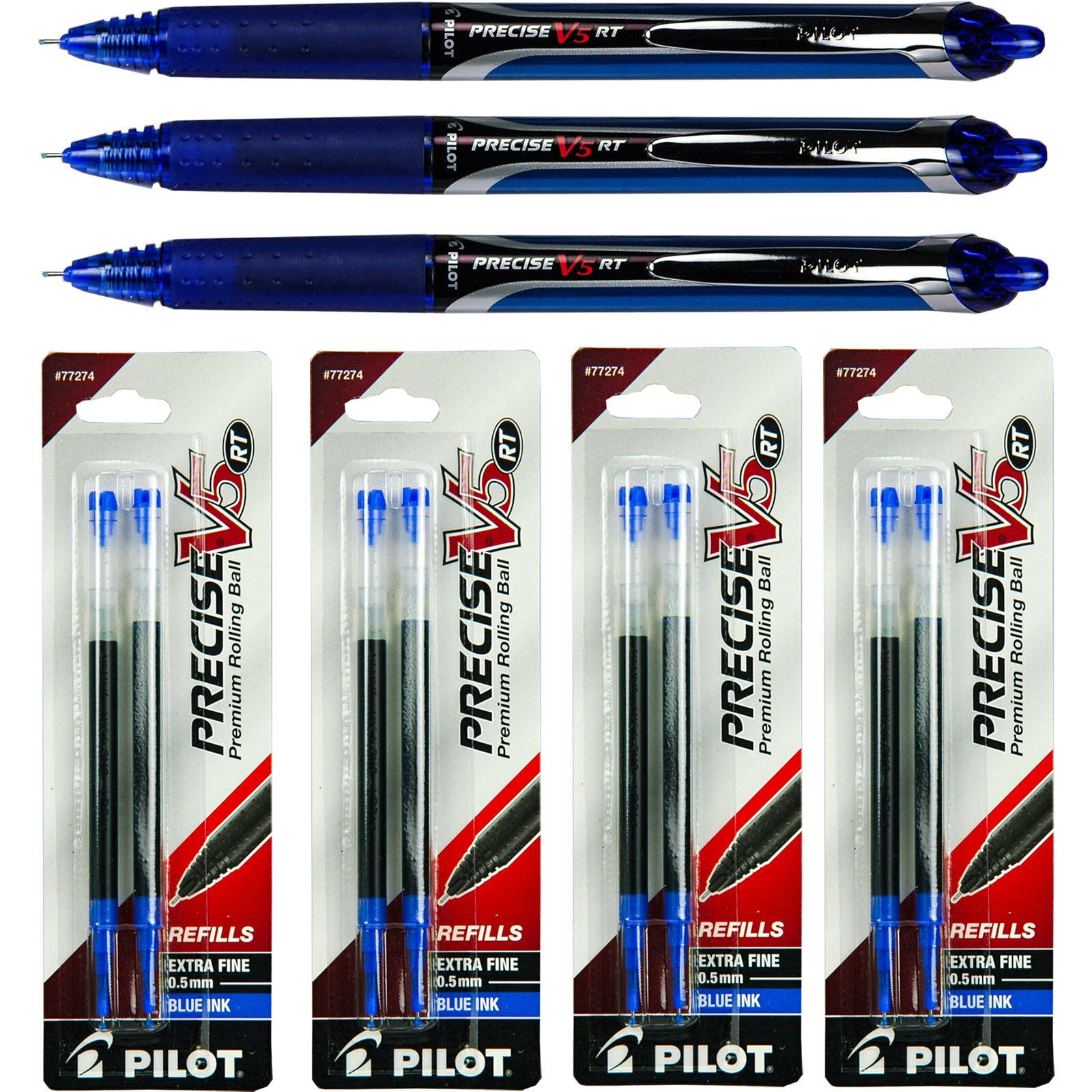 Pilot Precise V5 RT 3 Pens With 4 Packs Of Refills Blue Ink 0 5mm X