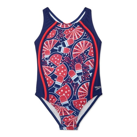 Speedo Girls' Swimsuit One Piece Thick Strap Racer Back Printed, Picnic ...