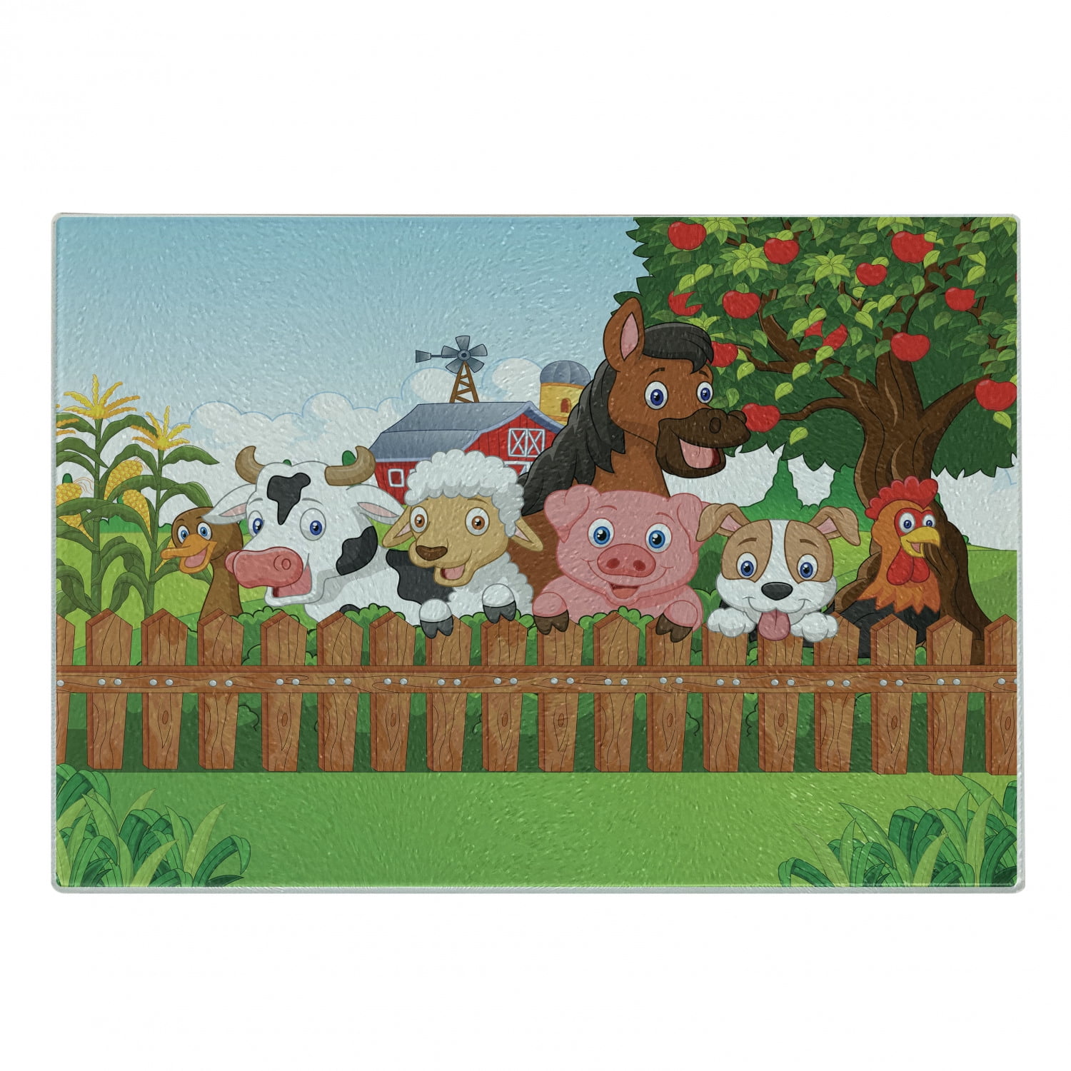 Cartoon Cutting Board, Composition Farm Animals on Fence Comic Mascots ...