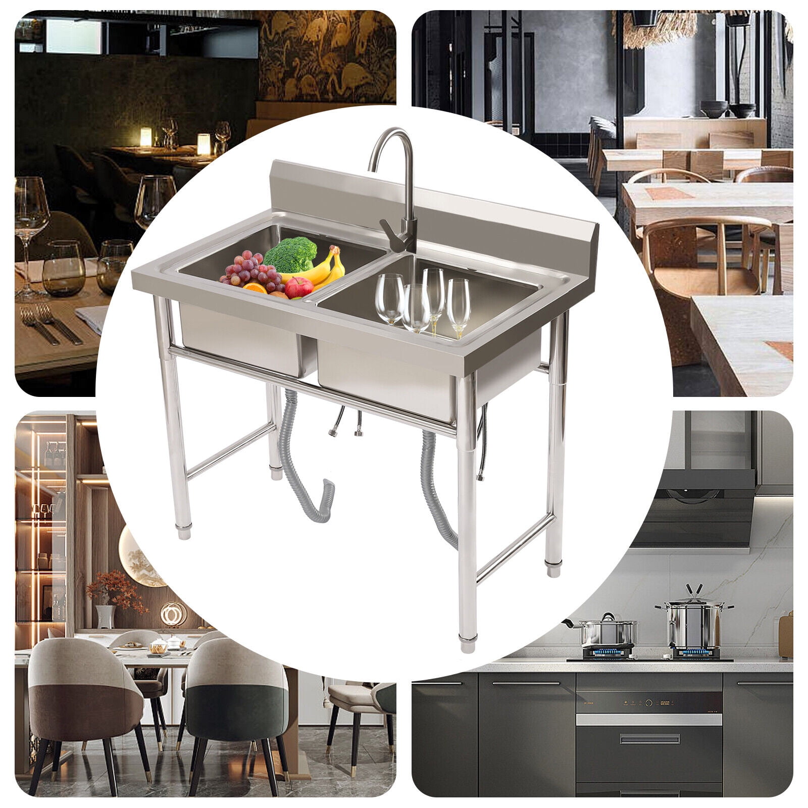 Commercial Restaurant Utility Kitchen Sink Double Compartment Stainless ...