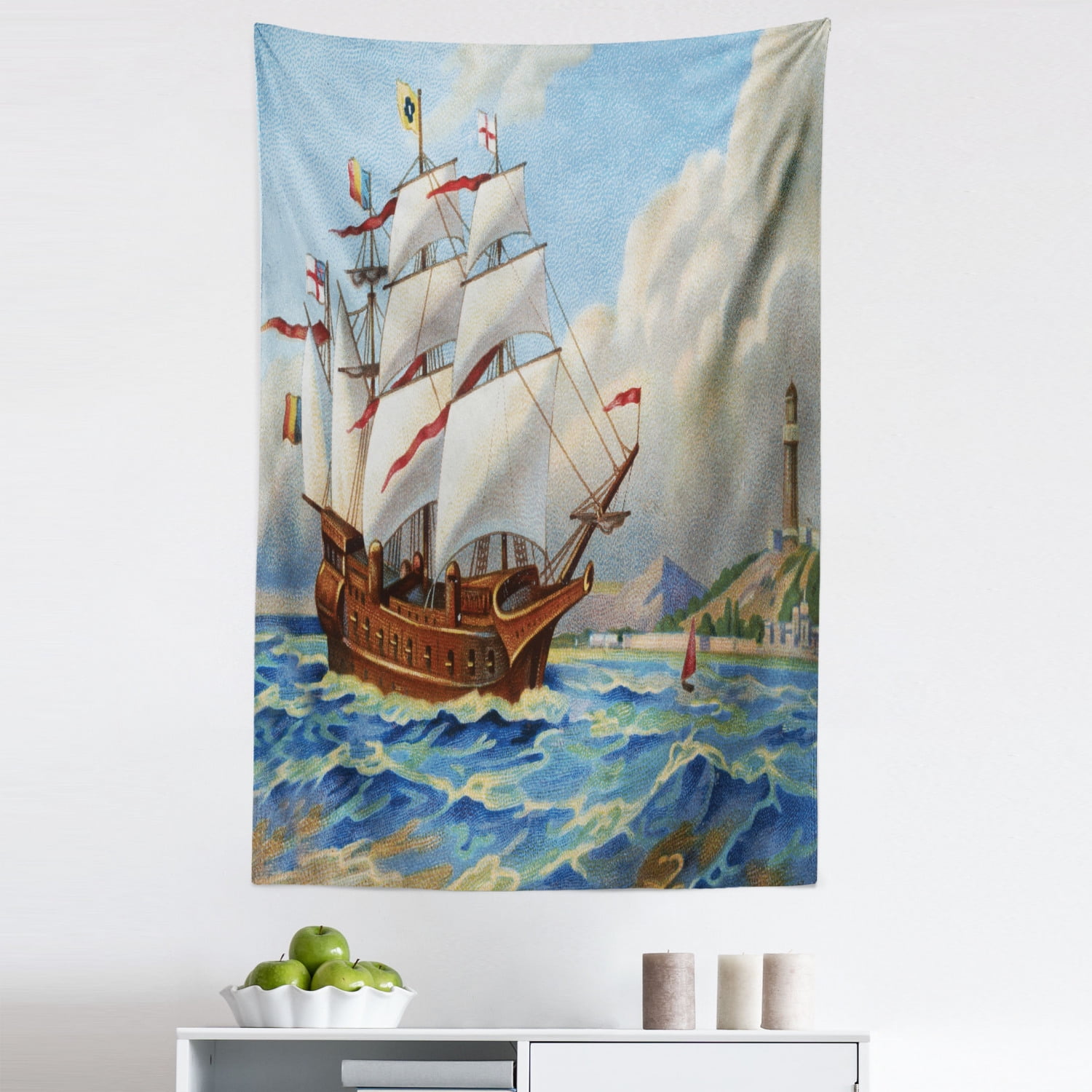 Vintage Boat Tapestry, Ship Sailing Historical Theme Wavy Sea Coastal ...