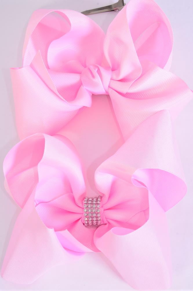 Hair Bow Jumbo Center Clear Stones Pearl Pink Grosgrain Bow-tie/DZ ...
