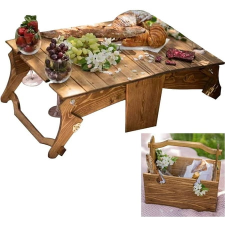 Folding Picnic Basket Table Wooden 2-in-1 Collapsible Convertible Bench ...