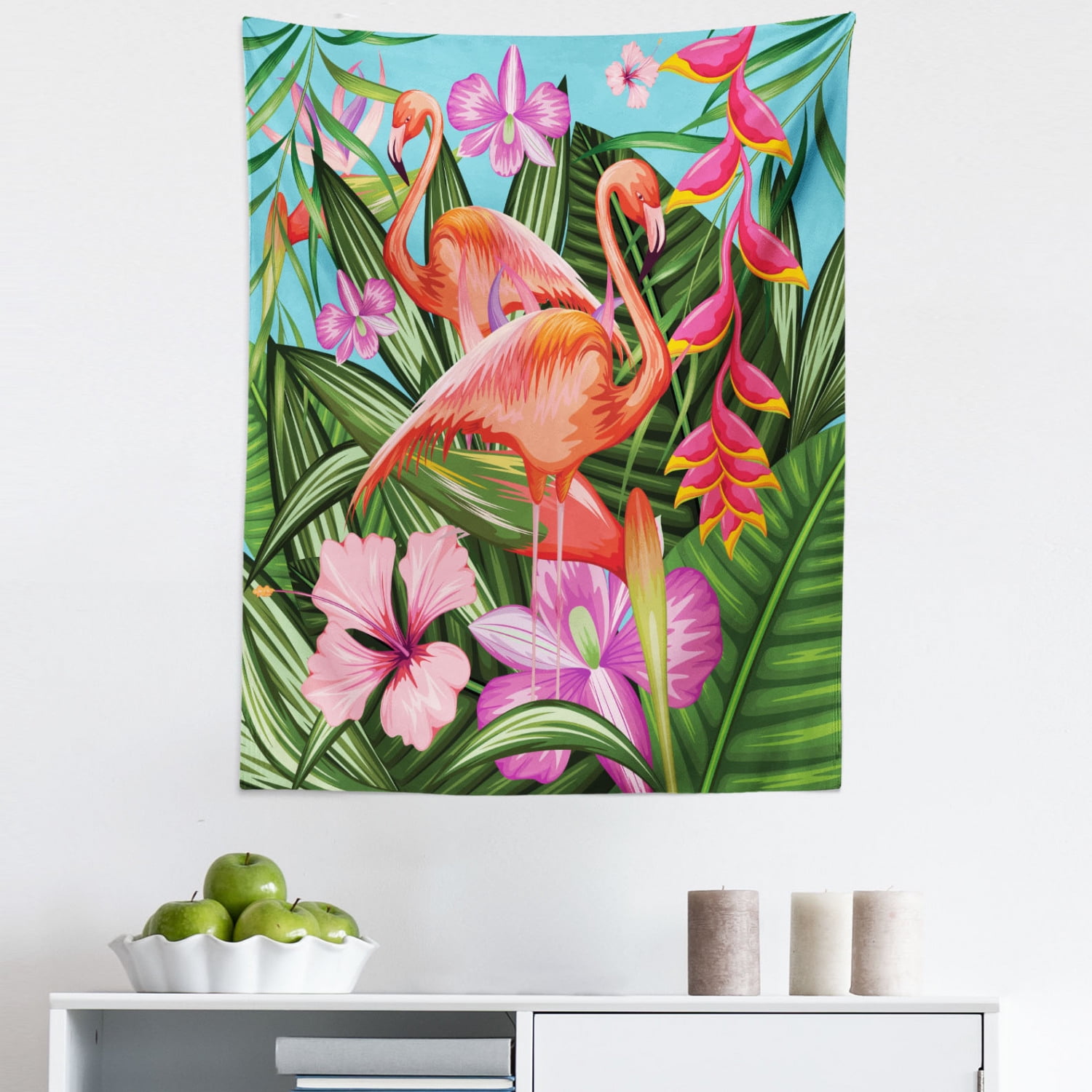 Flamingo Tapestry, Illustration of Animal Tropical Garden Hibiscus ...