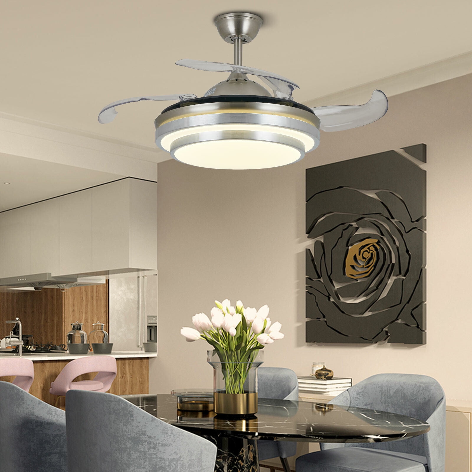 SHZICMY 42" Ceiling Fan Light w/Retractable Blades Remote Control LED ...