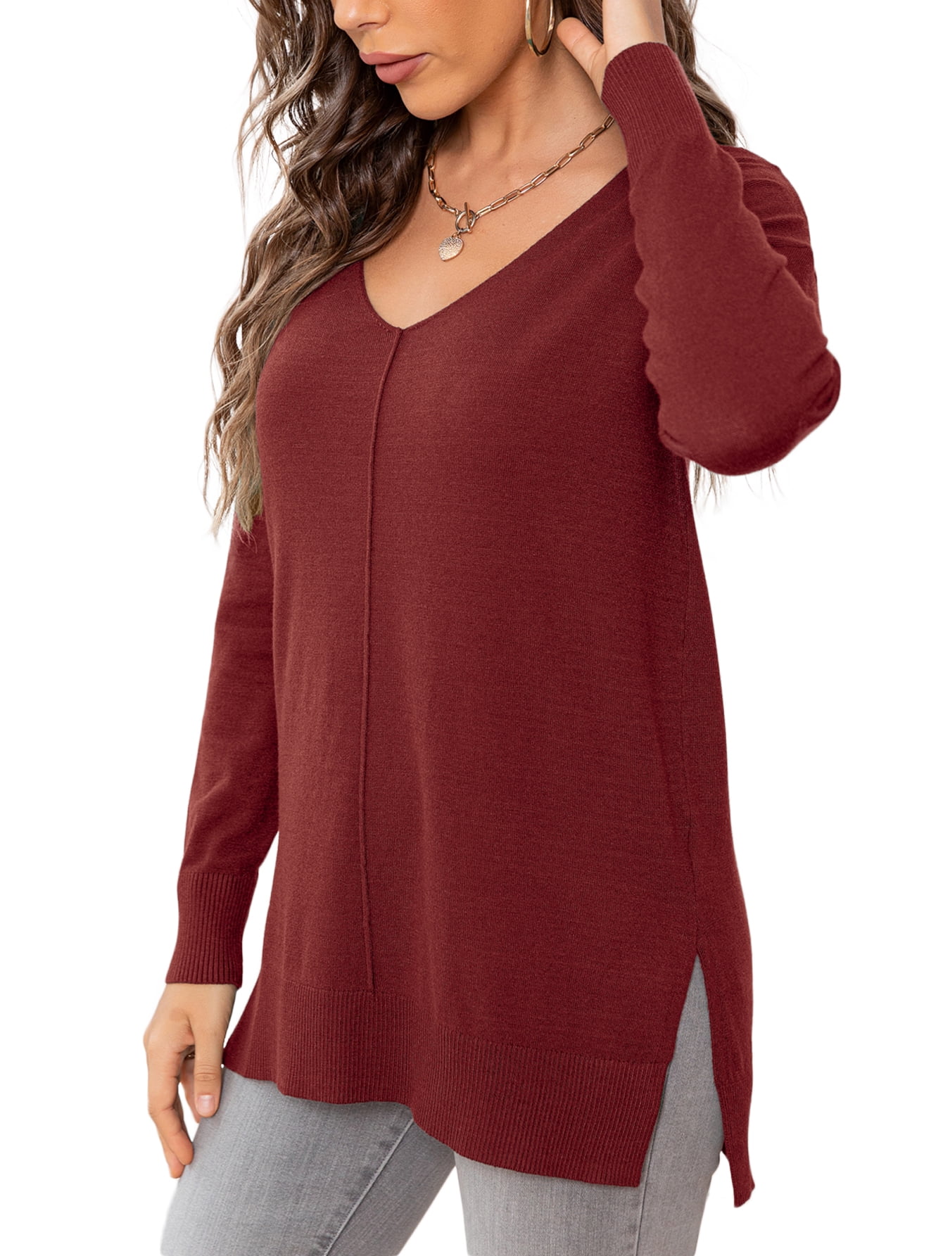 CALIPESSA Womens Red Knit Long Sleeve Soft V Neck Solid Side Split Sweater Pullovers - Walmart.com