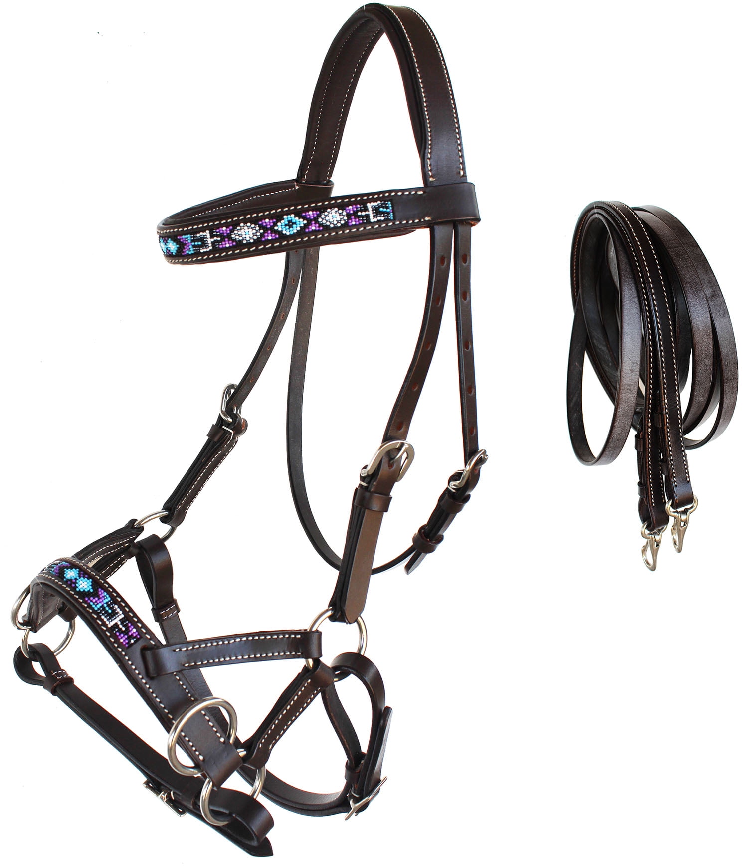 Horse Western Padded Leather Beaded Bitless Sidepull Bridle 77RT25BR-F ...