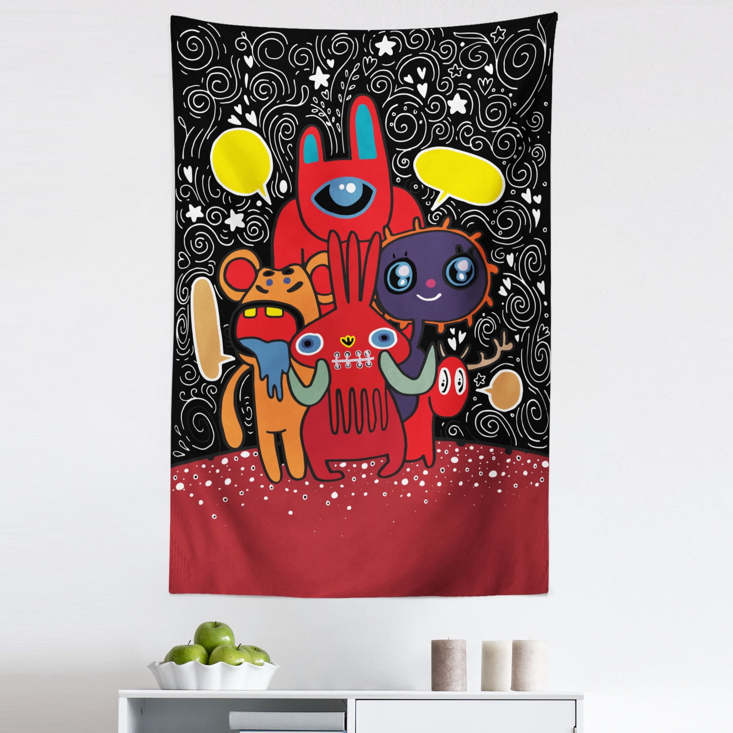 Indie Tapestry, Monster City Theme Funny Characters with Speech Bubbles ...