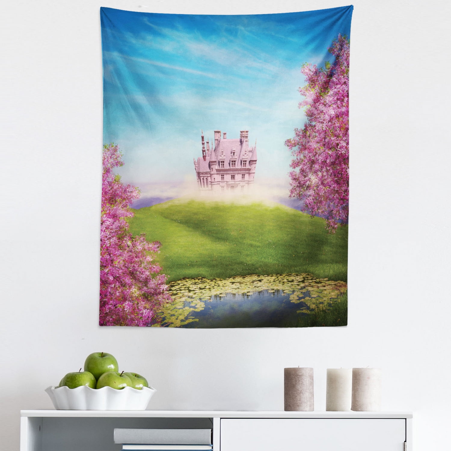 Cartoon Tapestry, Imaginary Tale Landscape with Cheery Blooms and ...