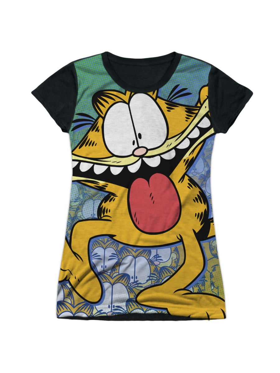 Garfield Comic Strip Cartoon Goofy Face Juniors Black Back T-Shirt Tee ...