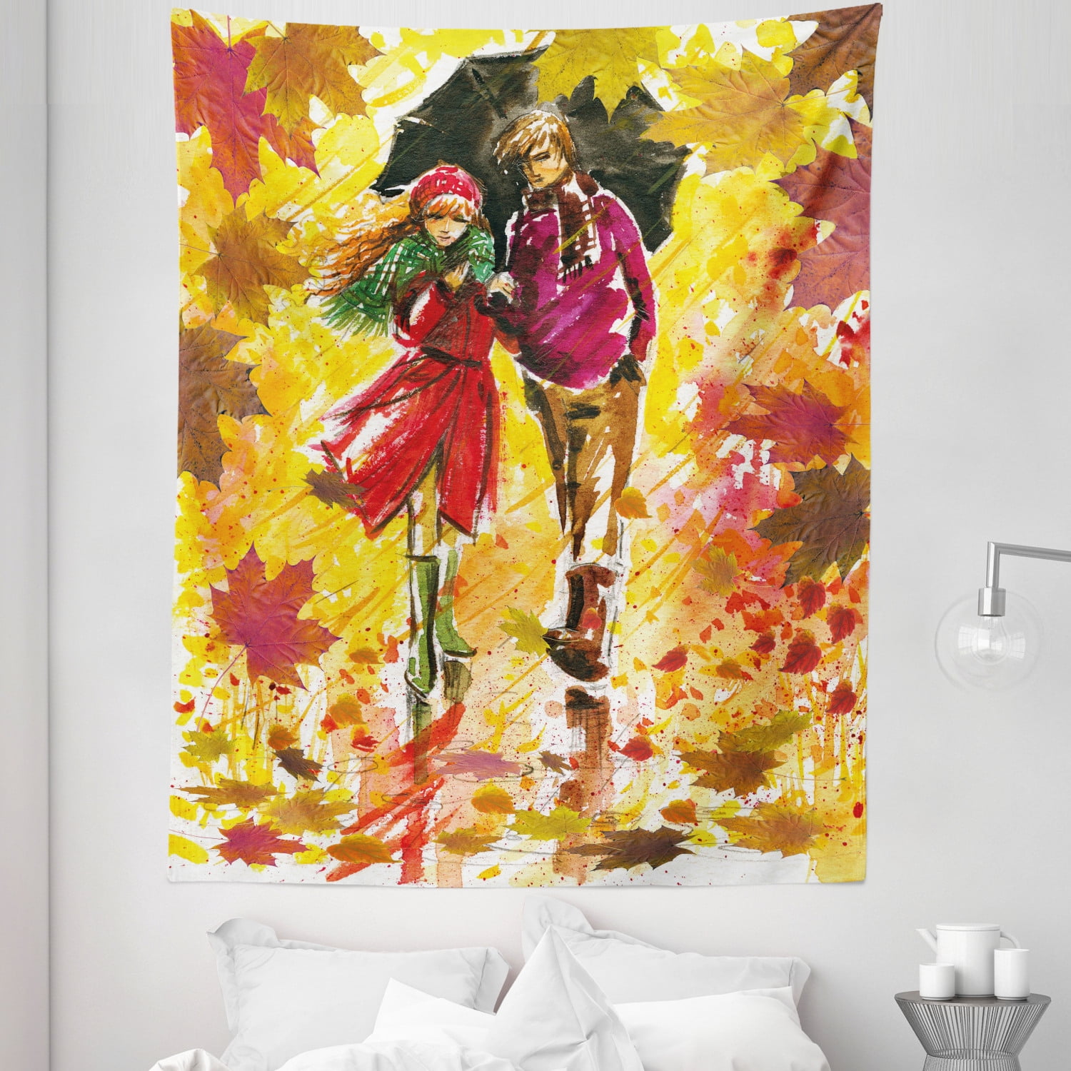 Fall Tapestry, Couple Walking at Alley in Autumn Park Rainy Weather ...