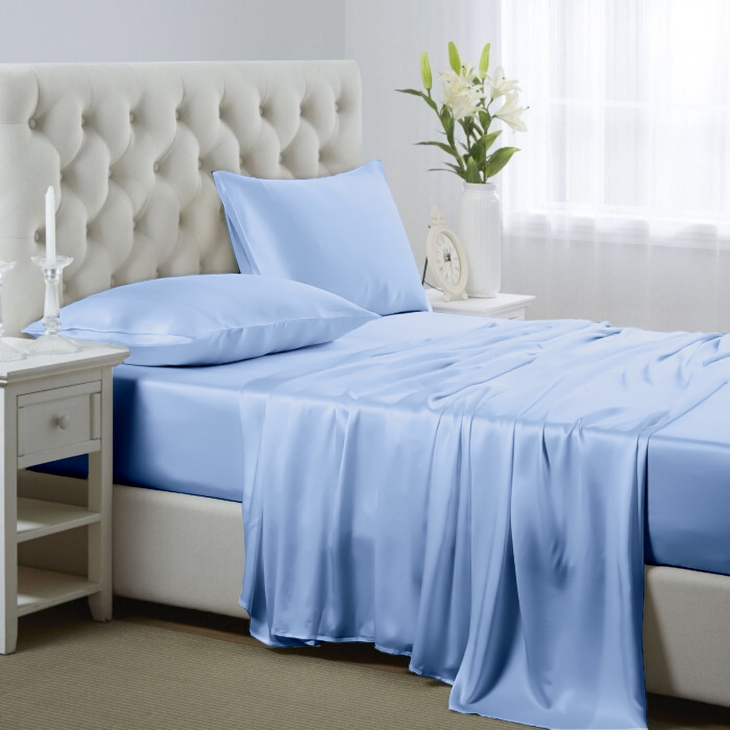 Luxury Satin Sheets Set Full Size Sky Blue, 4-Piece Bedding Sets with ...