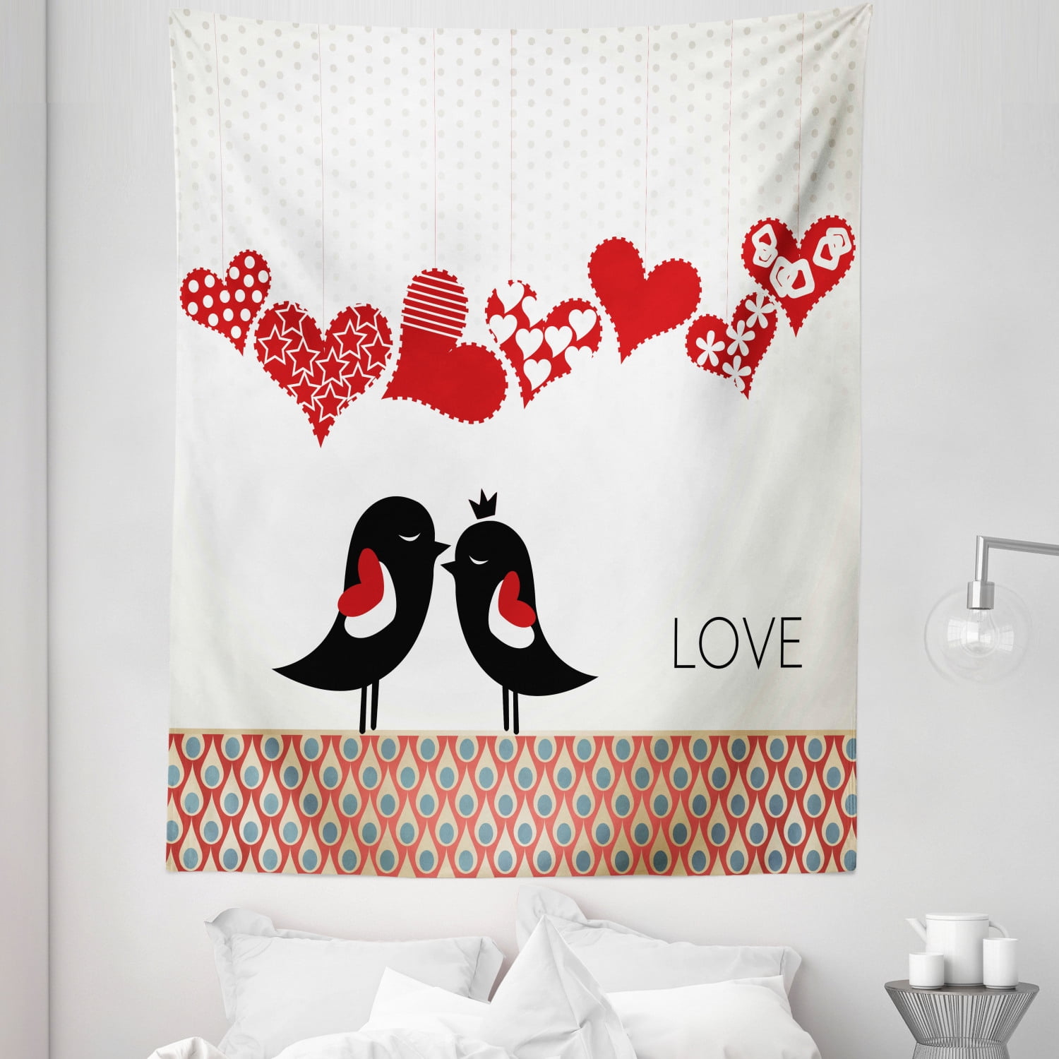 Love Tapestry, Queen and King Bird Couple Kissing Hanging Heart Shapes ...
