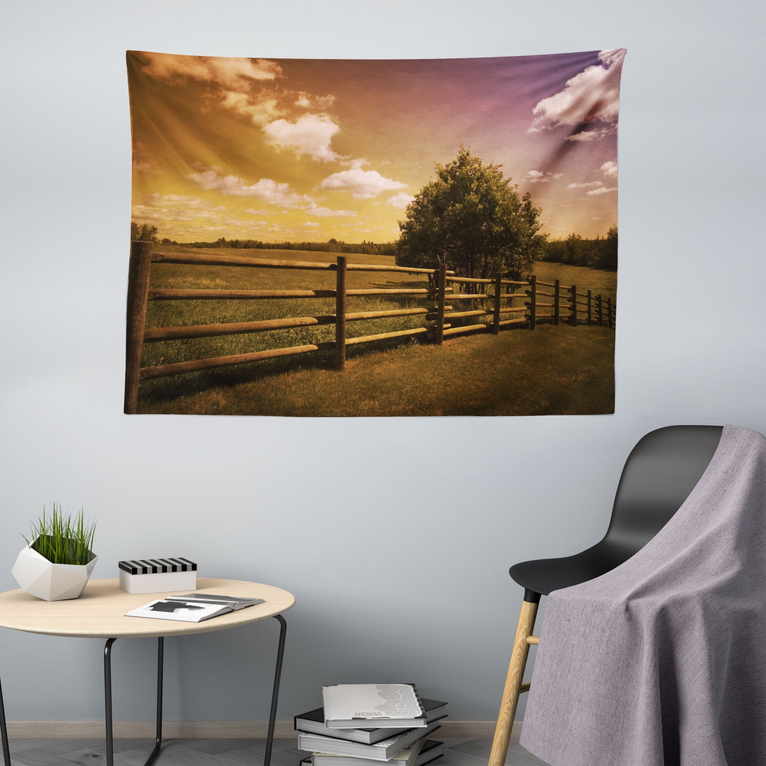 Nature Scene Tapestry, Grassland Landscape with Rural Meadow Fence and ...