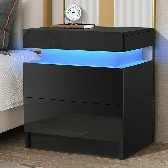Hommp Modern LED Nightstand 2 Drawer Bedside Table High Gloss Black Smart Nightstands End Side ...