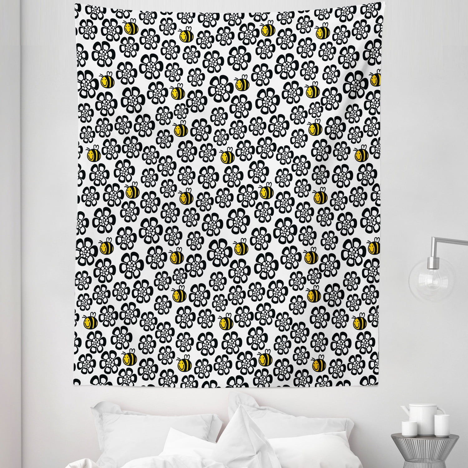 Bee Tapestry, Silhouette Floral Pattern with Colored Cartoon Bees ...