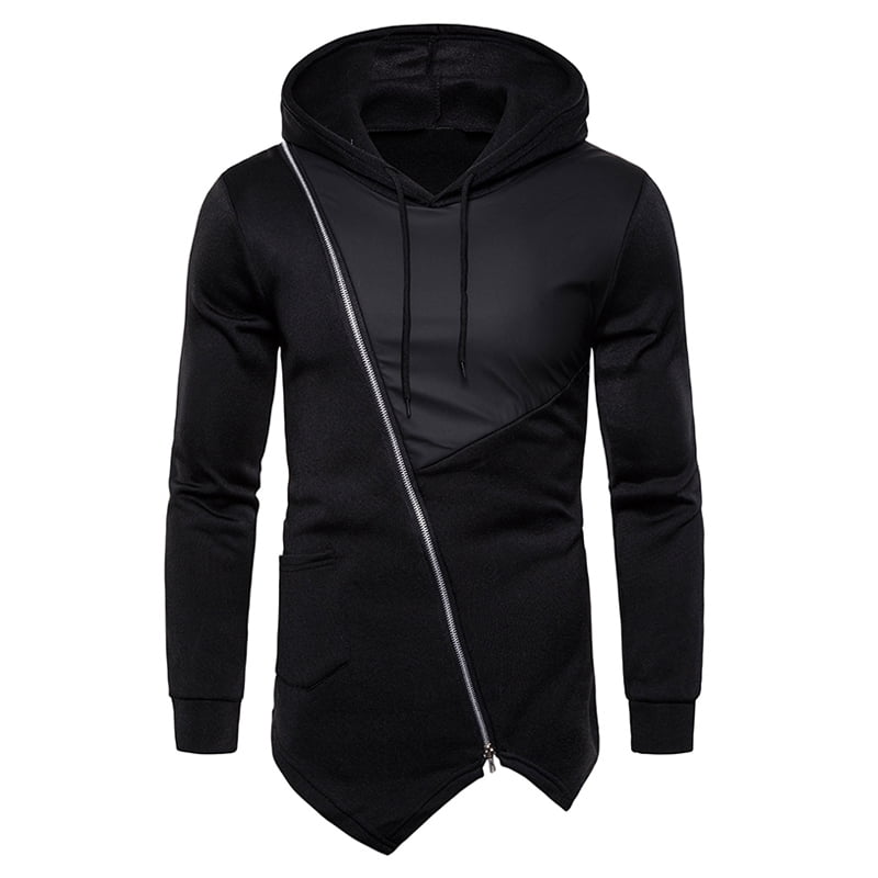 Men Sweatshirt Drawstring Hooded Neckline Irregular Zipper Hemline ...