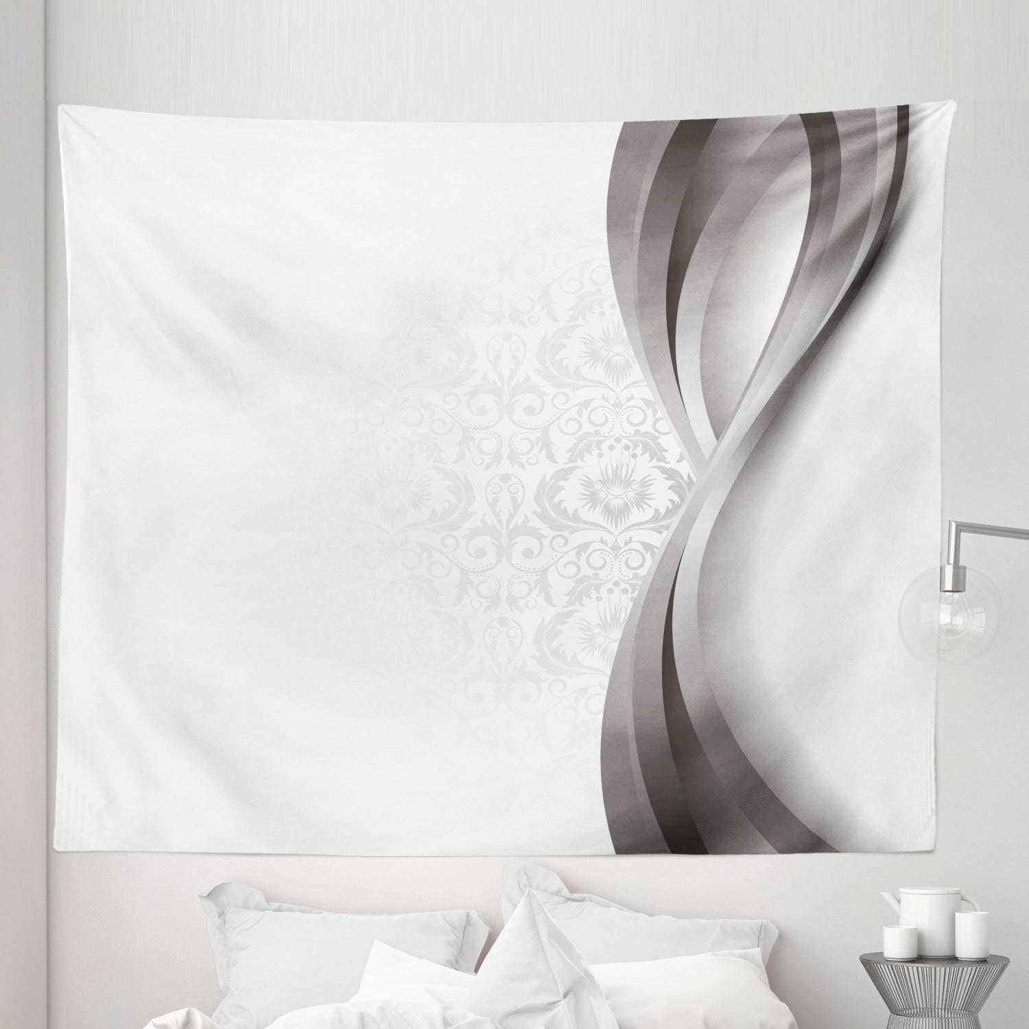 Grey Tapestry, Wavy Vertical Curved Stripes with Flowers and Leaves ...