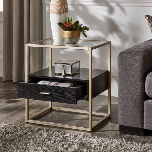 Weston Home Cava Metal and Wood Rectangular End Table with Storage, Champagne Silver Finish ...