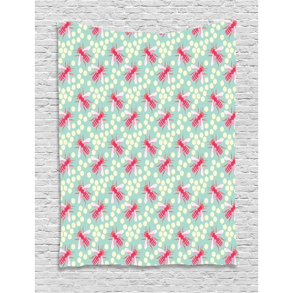 Bee Tapestry, Colorful Abstract Bee Figures and Hexagon Shapes on Blue ...