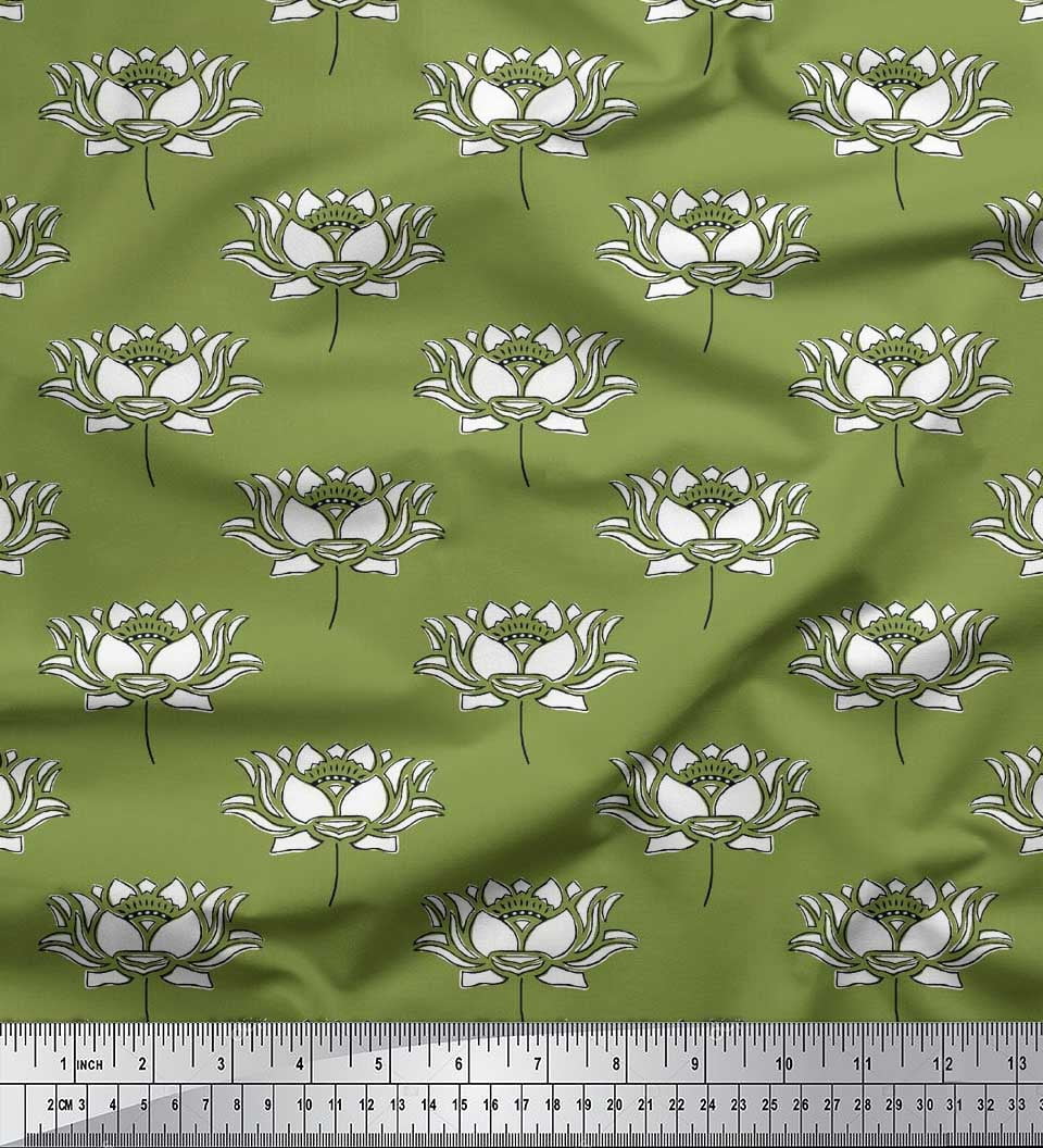 Soimoi Japan Crepe Satin Fabric Lotus Block Print Fabric by The Yard 42 ...