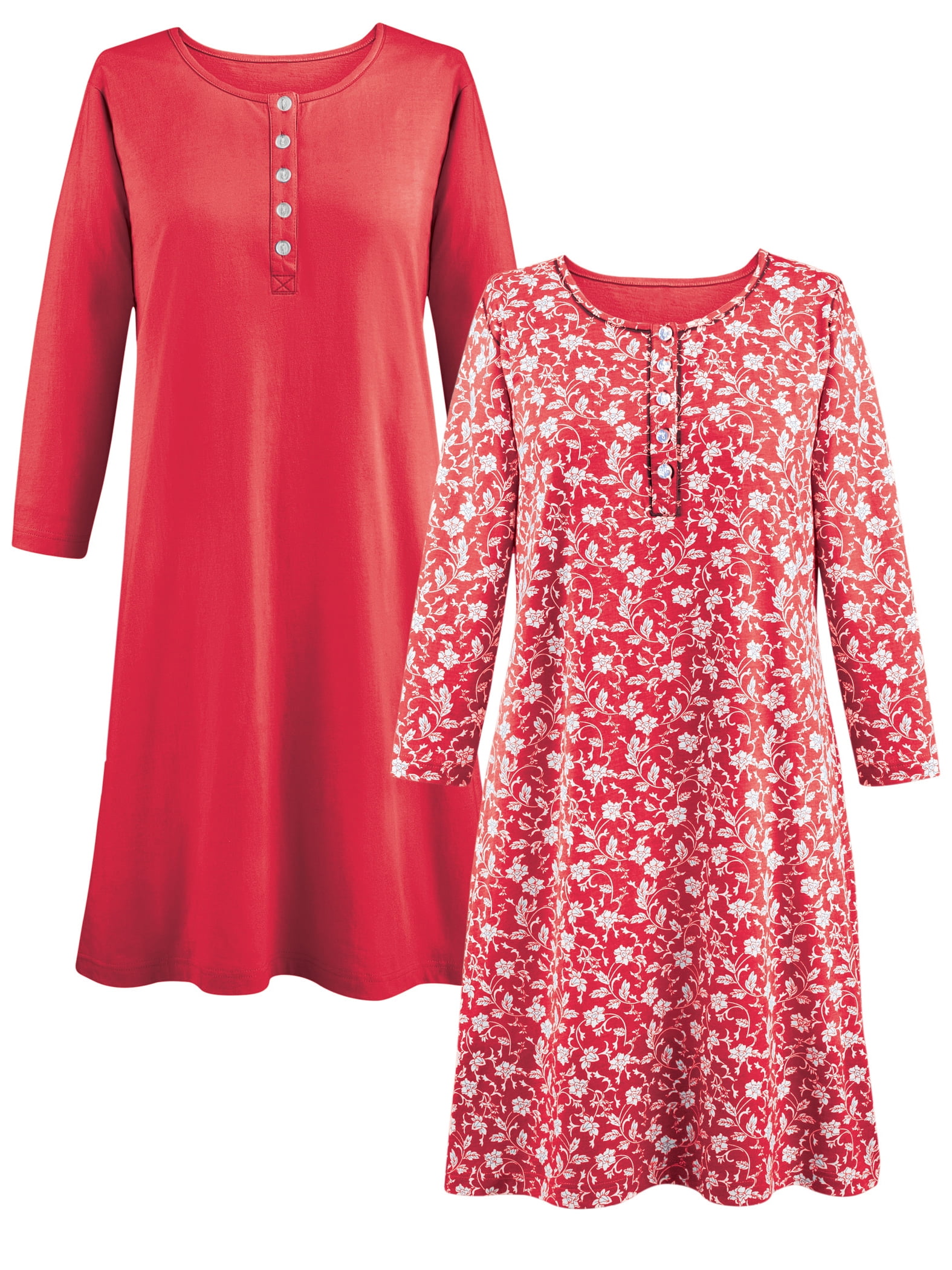 Collections Etc Women's Button-Front Henley Nightgowns - Set of 2 Red ...