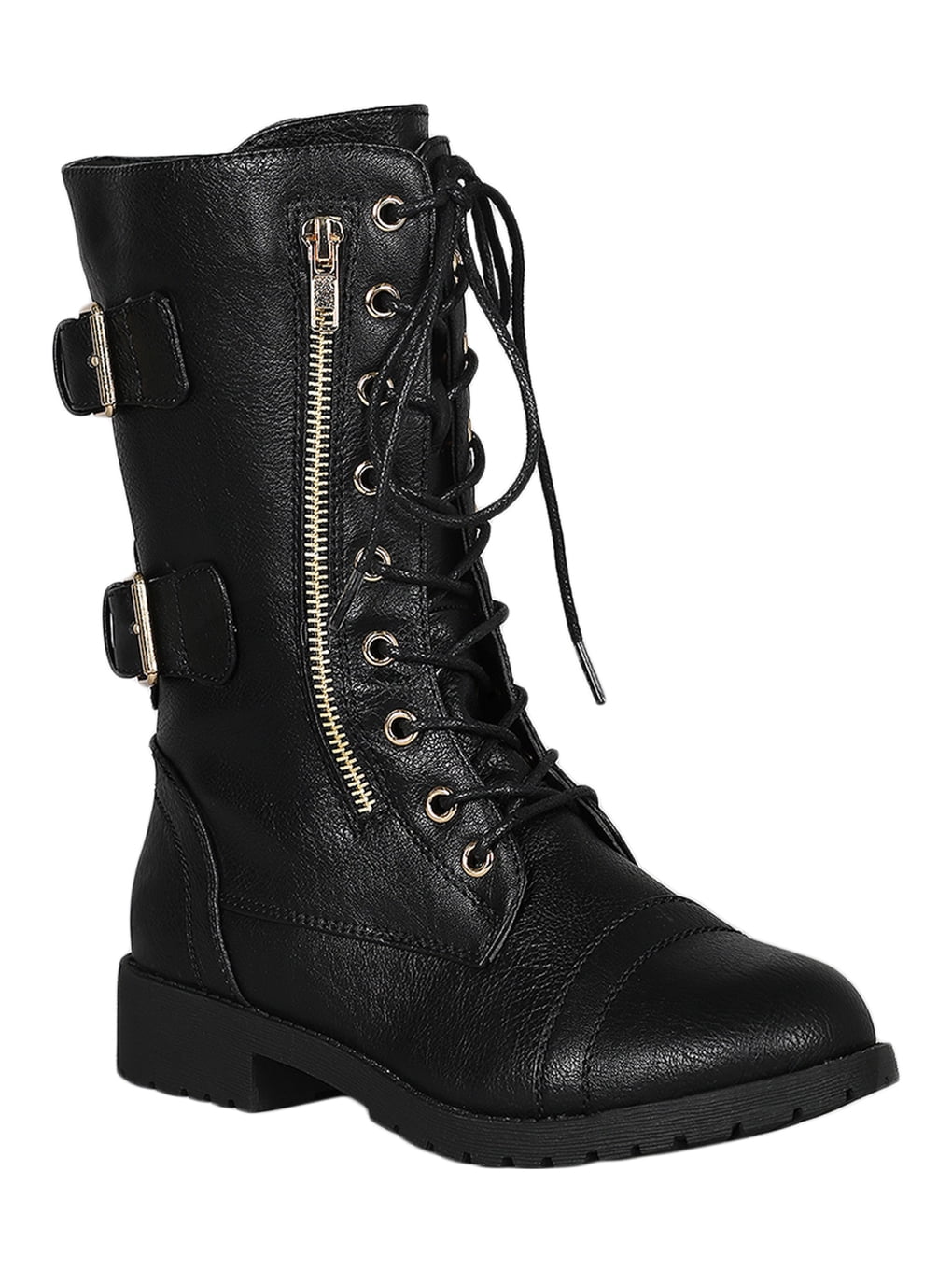Women Leatherette Dual Buckle Combat Lace-Up Ankle Boots 18440 ...