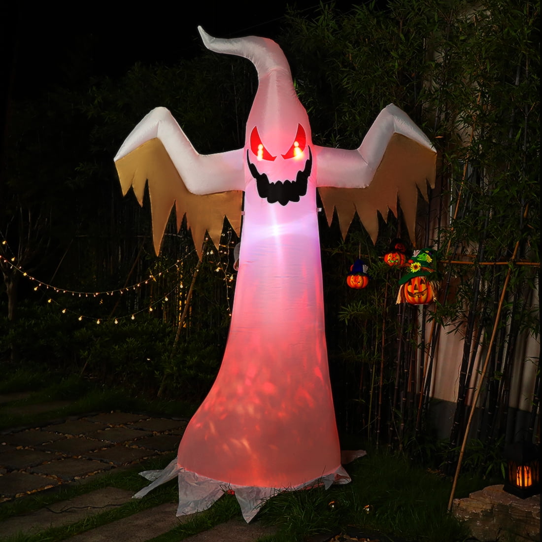 Halloween Inflatable White Ghost With Red Rotating Led Lights Blow Up