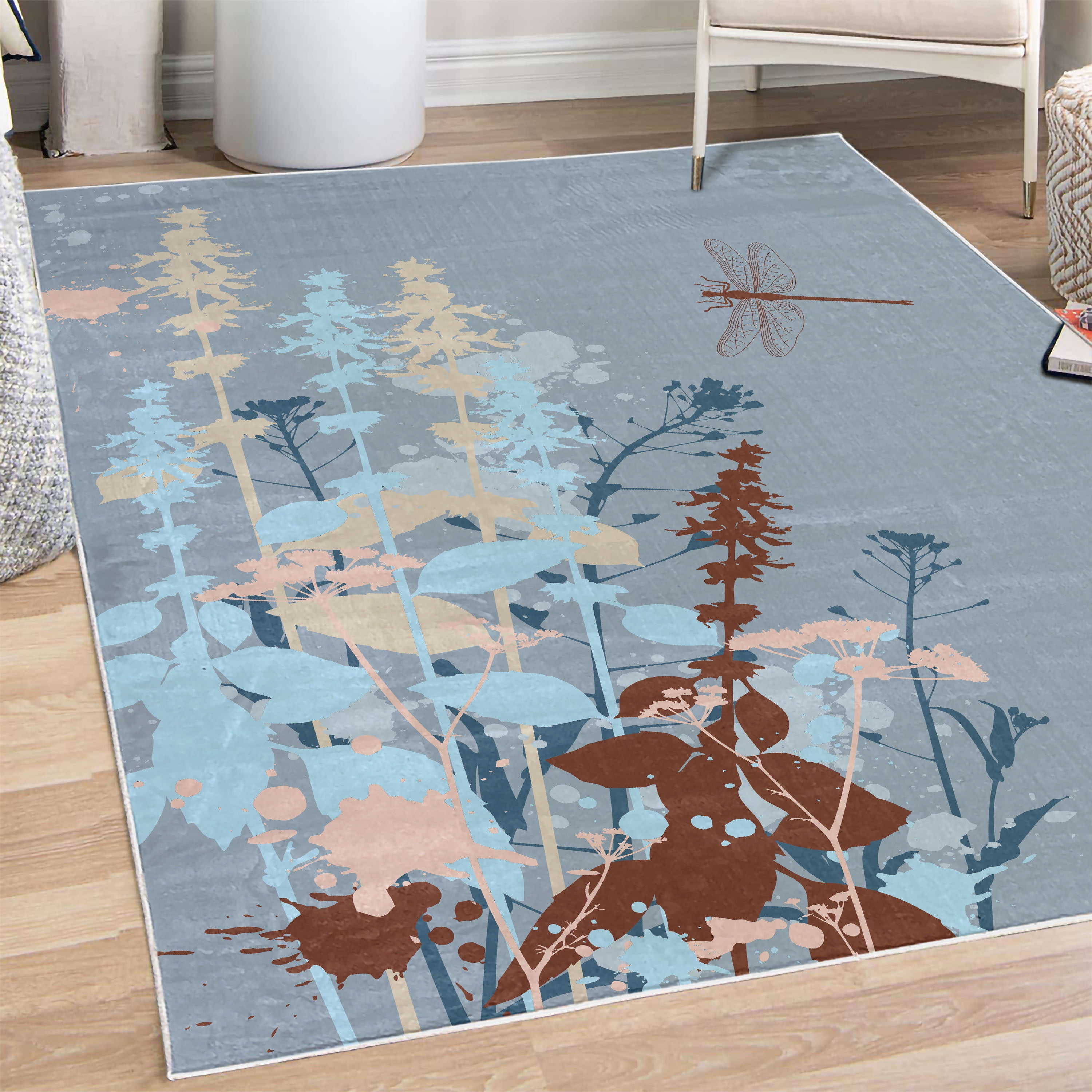 Dragonfly Decorative Rug, Nature Plants Grass with Wildflowers with ...