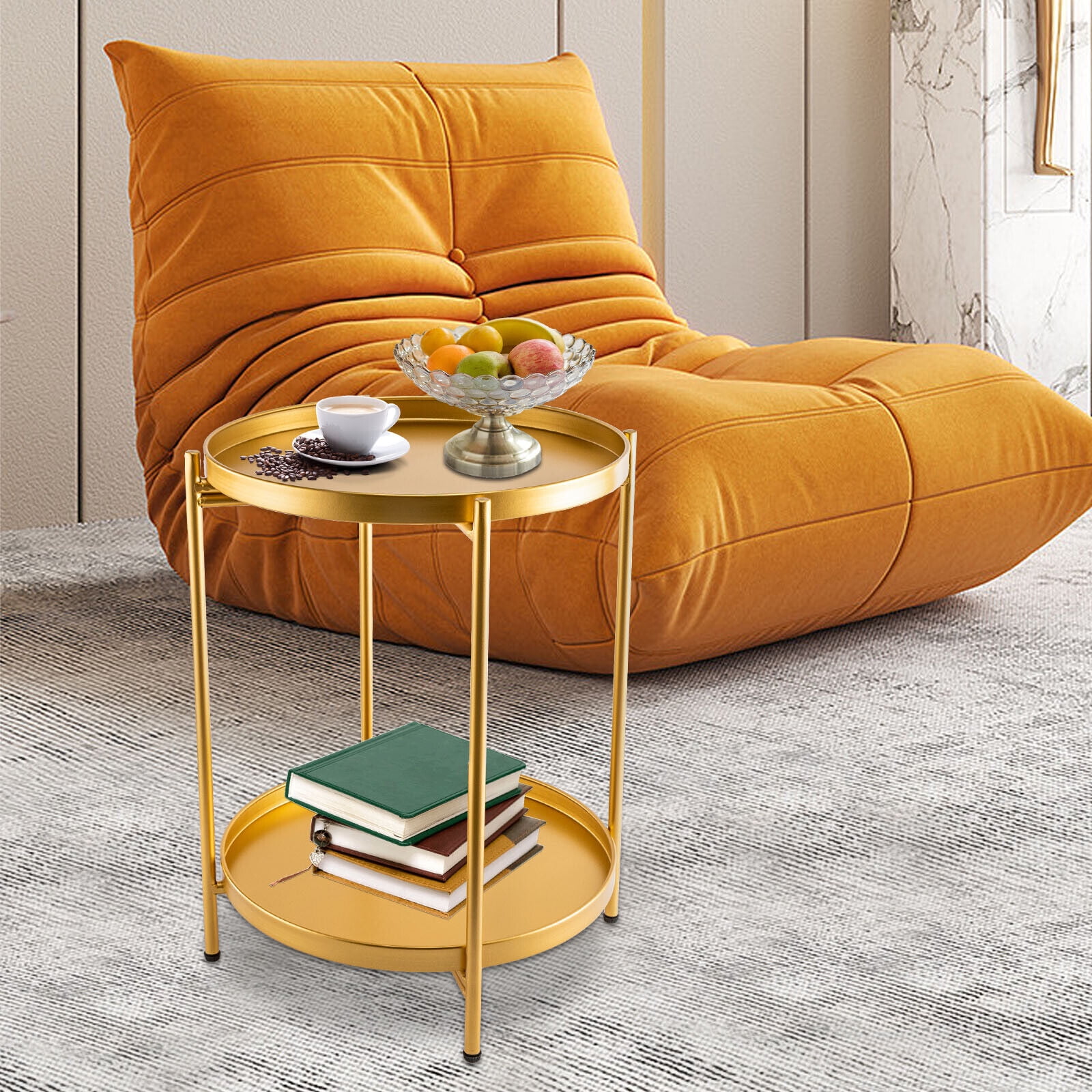 DENEST 20.28 Inch Side Table 2-Tier Round End Table 4 Legged Accent ...