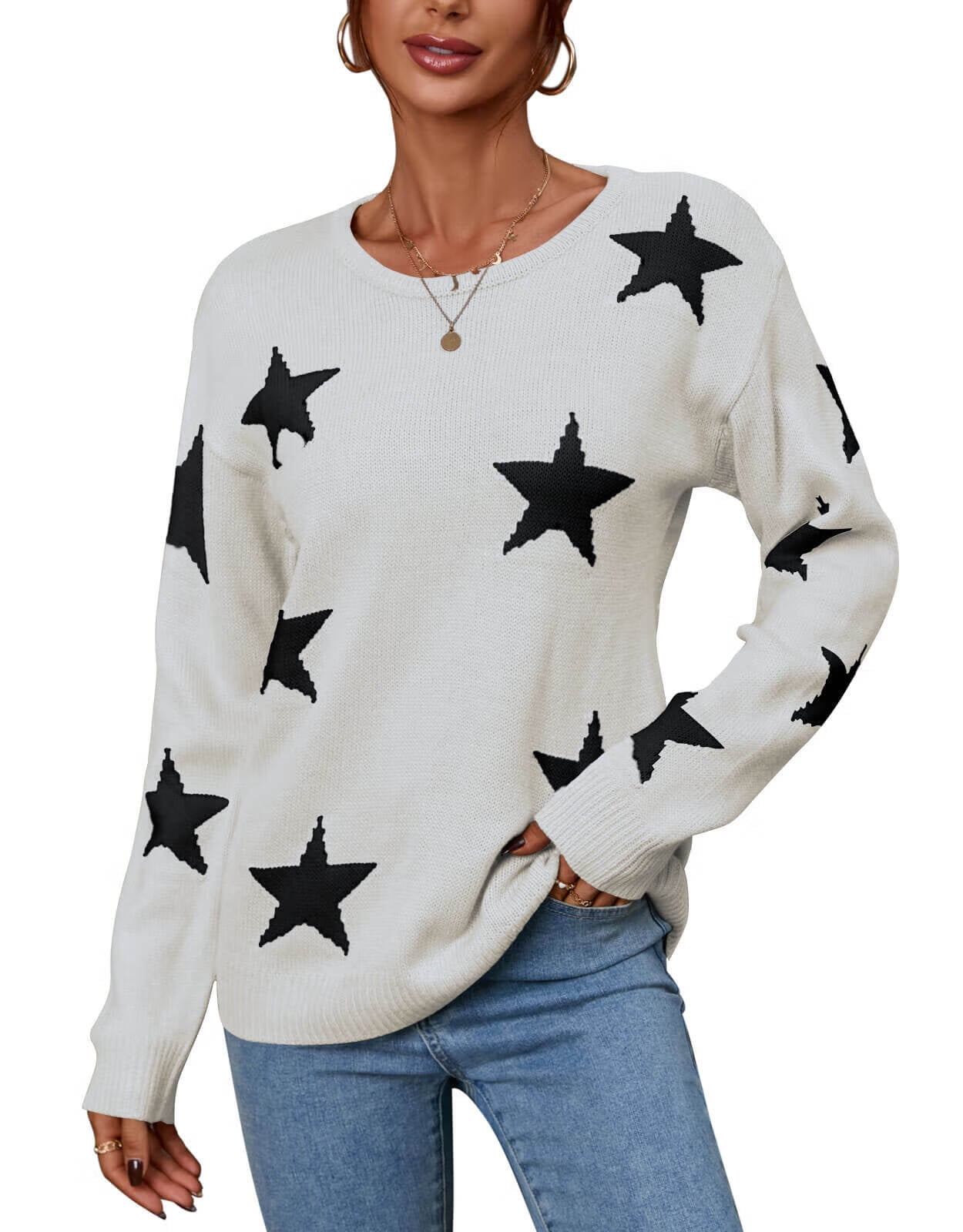 Crewneck Sweaters for Women Star Print Knitted Pullover Sweaters ...