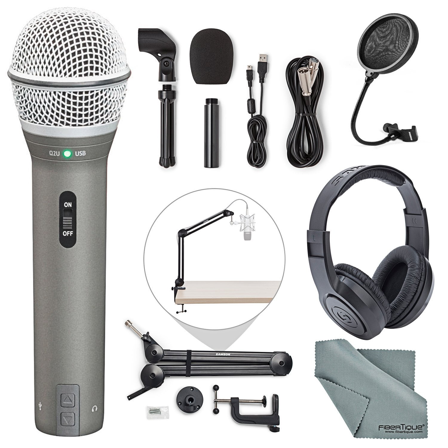 Samson Q2U Dynamic USB Microphone Podcasting Pack and Accessory Bundle ...