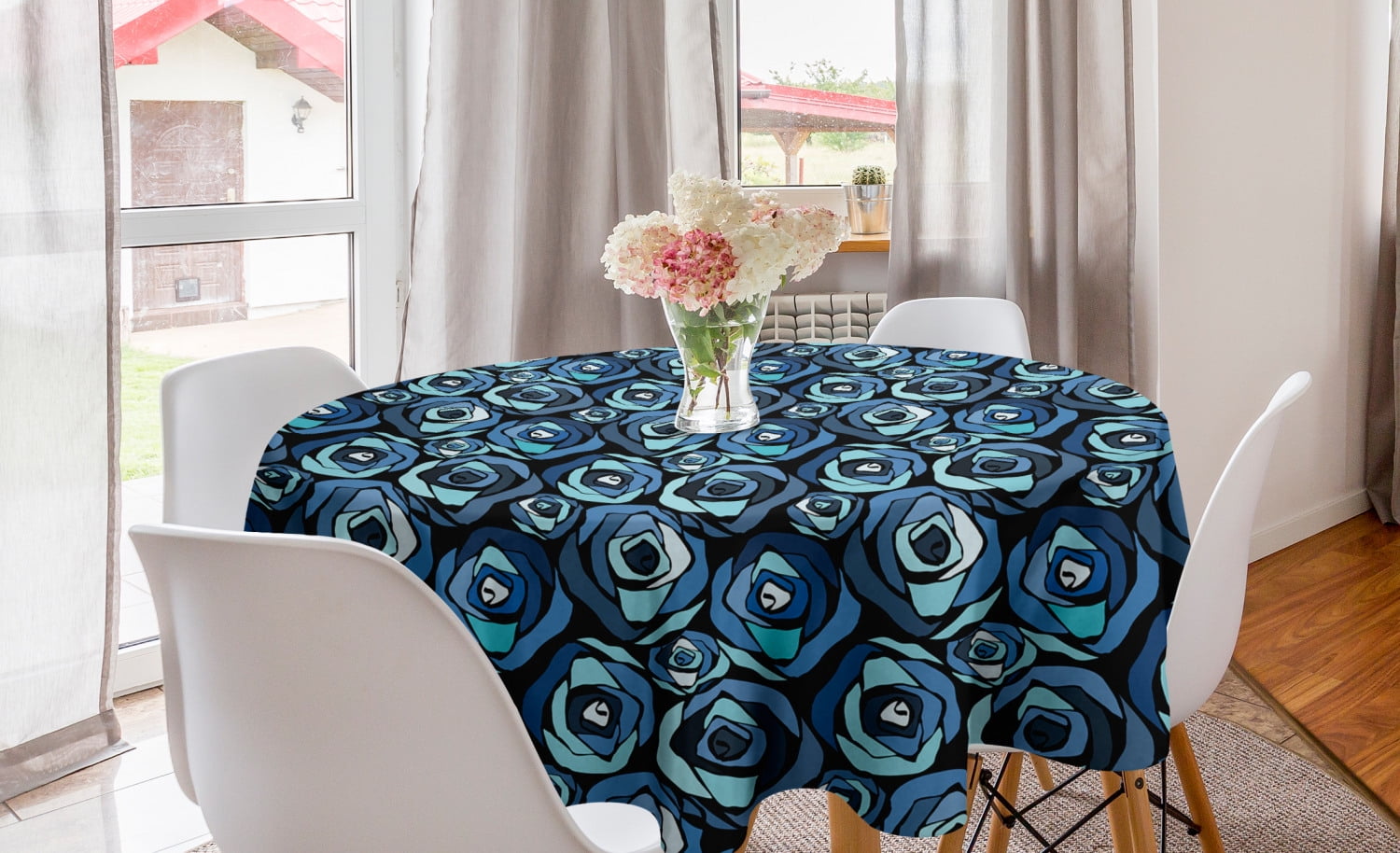 Flower Round Tablecloth, Modernistic Abstract Floral Pattern with Aqua ...
