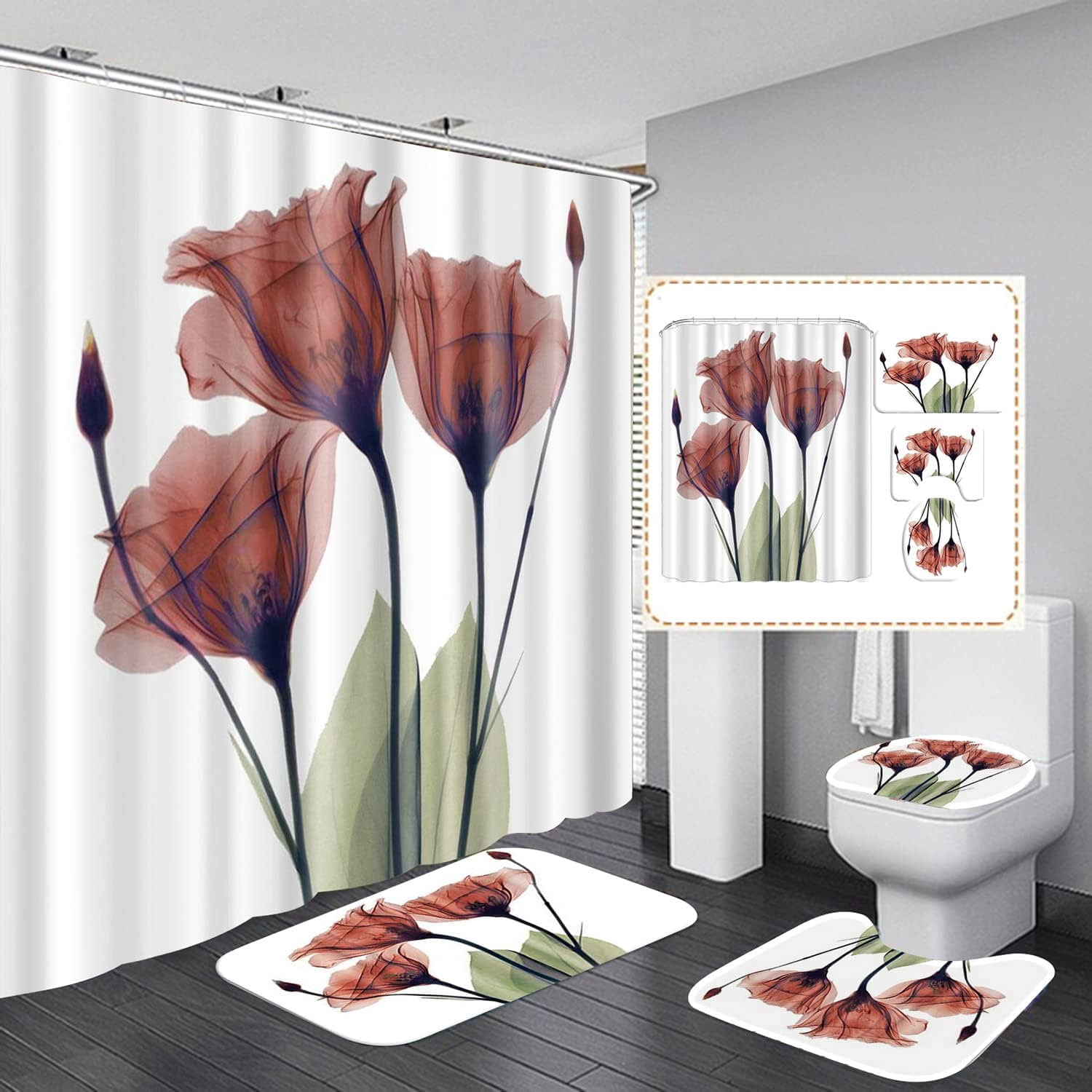 FMSHPON Red Tulips 4 Piece Bathroom Set Shower Curtain Bath Rug Contour ...
