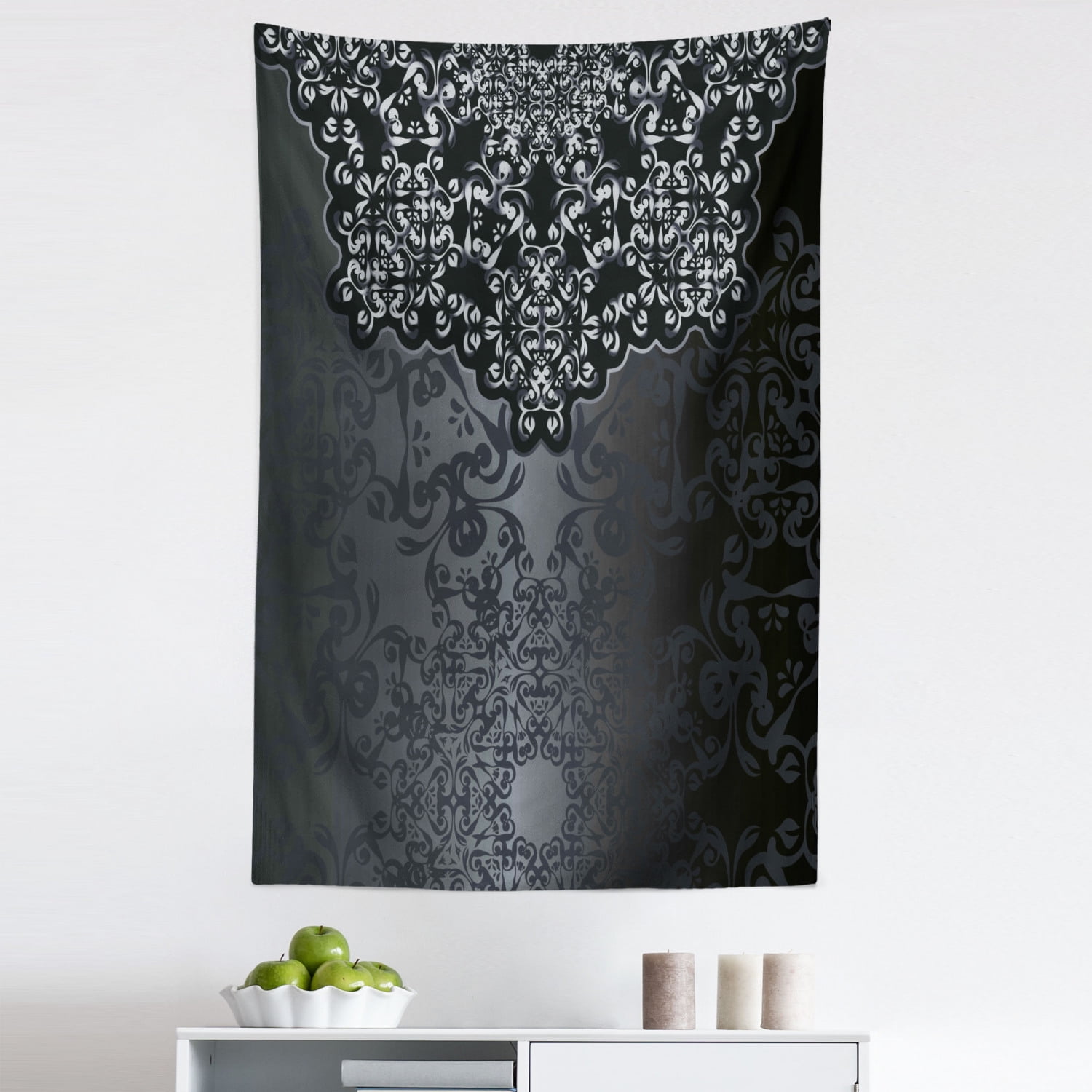 Dark Grey Tapestry, Vintage Damask Inspired Ornament Victorian Swirls ...