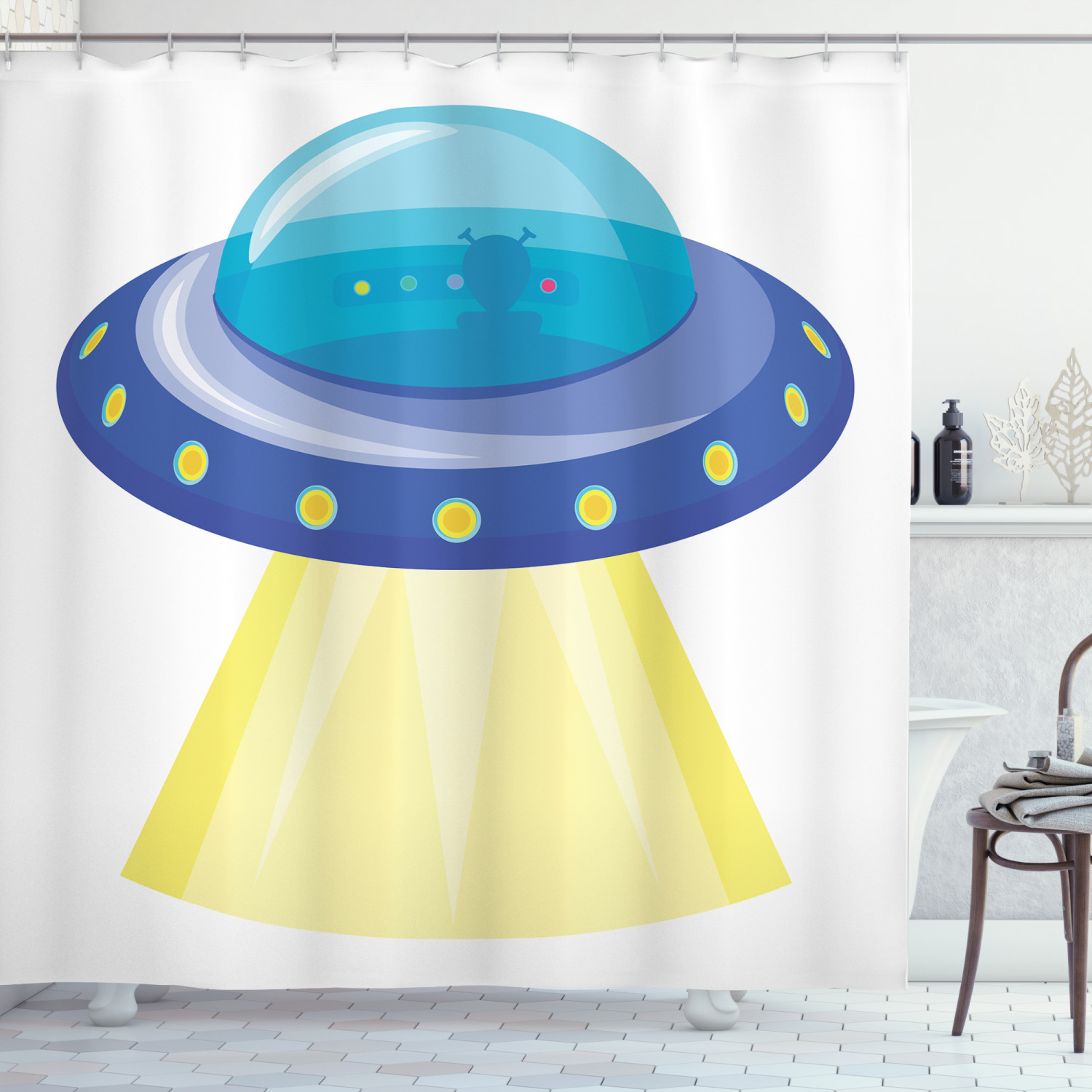Alien Shower Curtain, UFO Flying Object Unknown Spaceship Print, Fabric ...