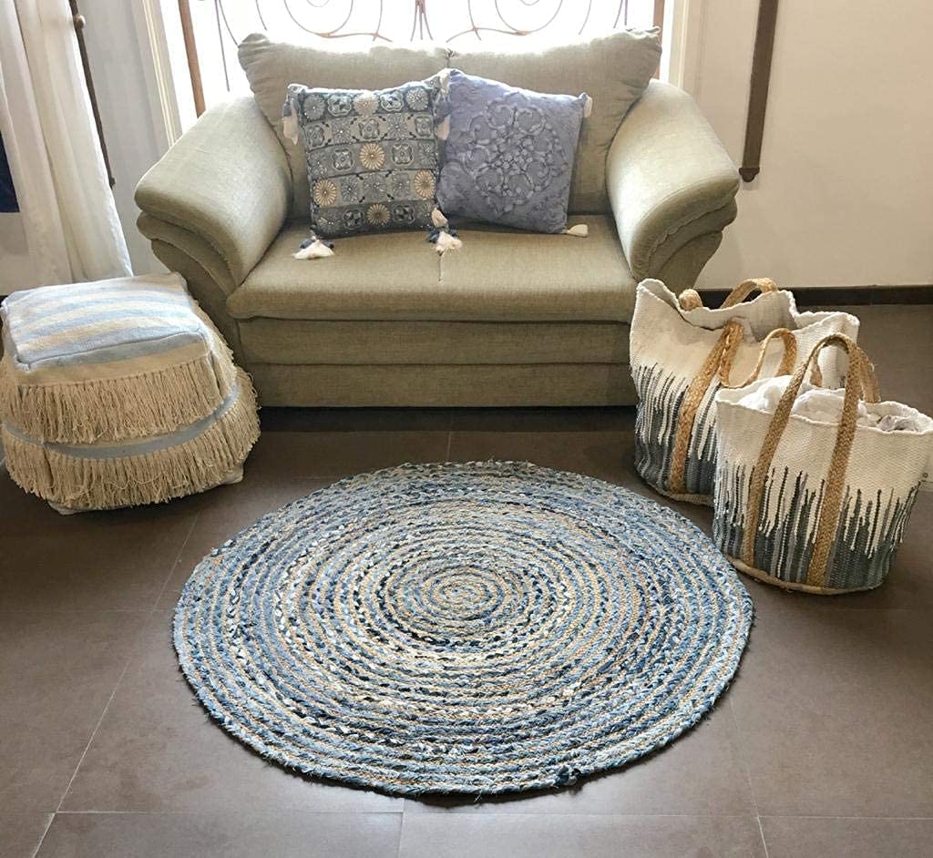 KH Handloom Handmade Hand Braided Natural Jute and Denim Carpet for Living Room, Jute Round ...