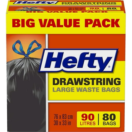 Hefty® Garbage Bags, Value Pack Large 90 Litres Black, Drawstring, 80 ...