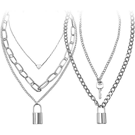 Lock Chain Necklace, Chains, Statement Lock Key Pendant Necklace Sliver ...