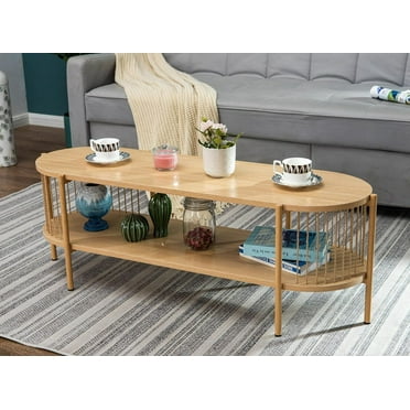Cane Rattan Coffee Table,2-Tier Wood Coffee Table with Boho Woven ...