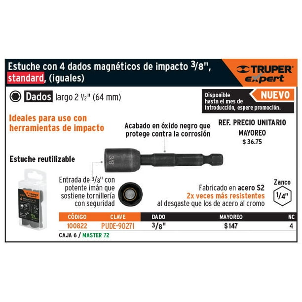 Jgo 4 dados magnéticos de impacto,3/8'x2.5', Truper Expert Truper Jgo 4 dados magnéticos de ...