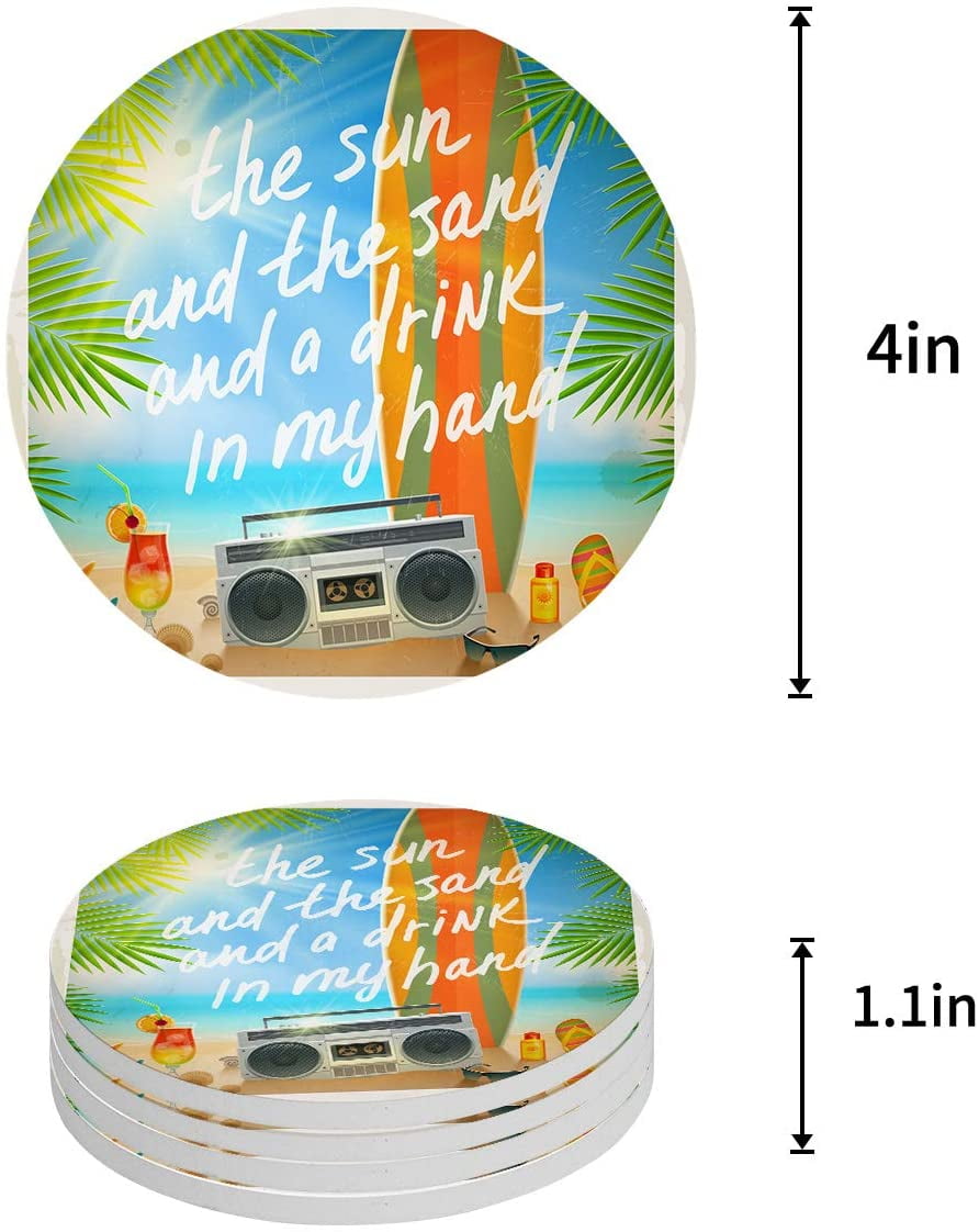 ZHANZZK Tropical Summer Vacation Surfboard Beach Set of 4 Round Coaster ...