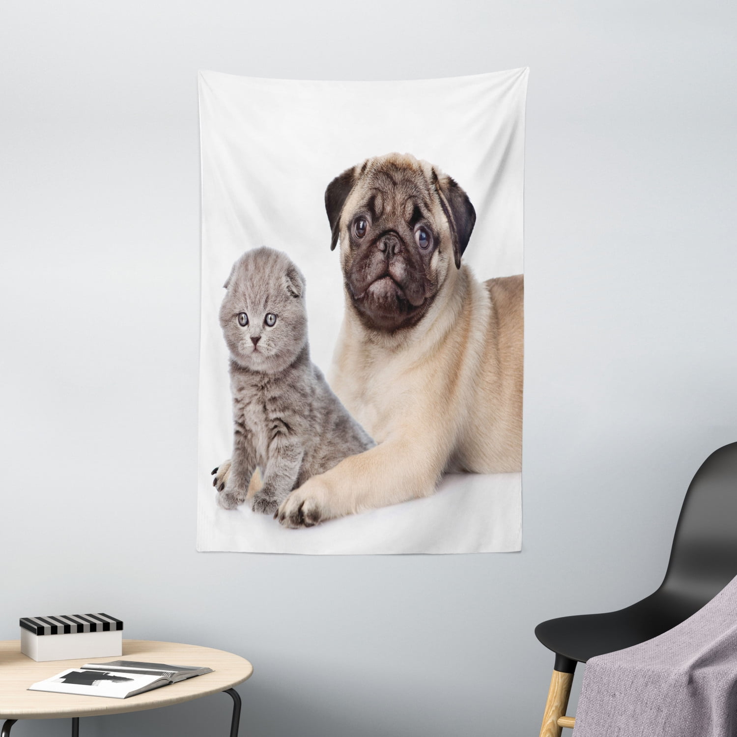Pug Tapestry, Cute Young Pets Kitten and Puppy Pug Scottish Fold Animal ...