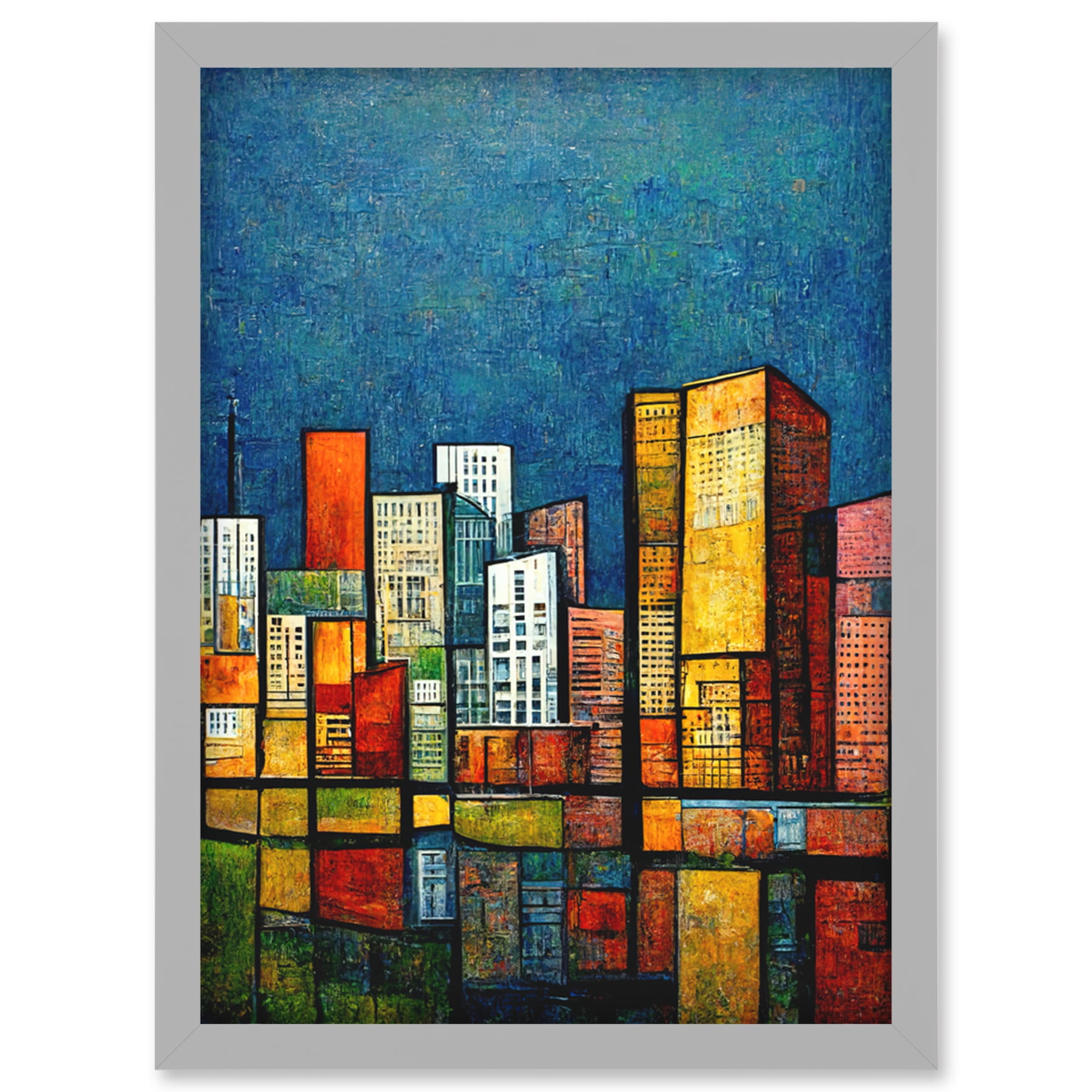 Colourful Cityscape Building Blocks Reflecting On Water Artwork Framed Wall Art Print A4 ...