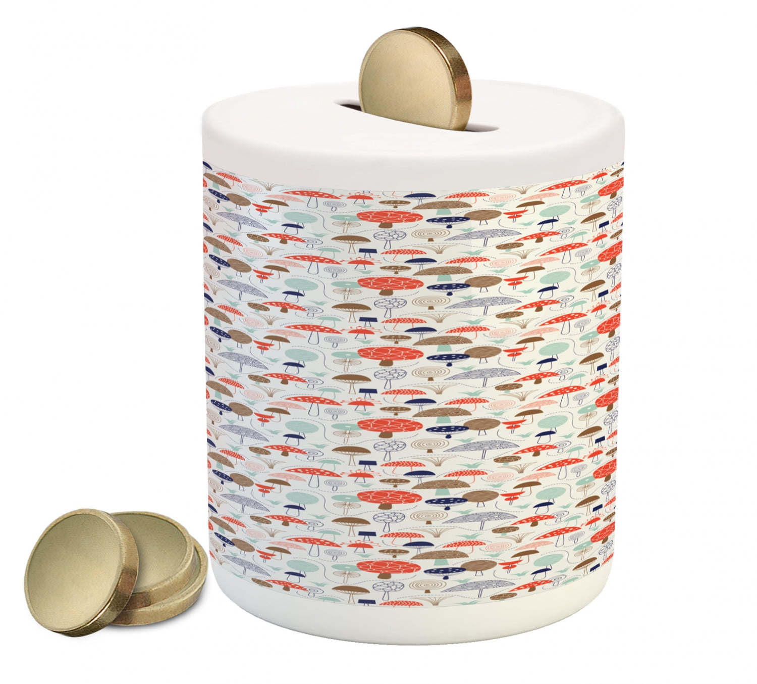 Cartoon Piggy Bank, Sketch Style Simplistic Hand Drawn Trees and ...