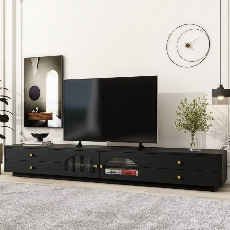 TV Console Table with Storage for TVs up to 90inch Fluted Glass Doors Wooden Entertainment Center with 4 Drawer and 1 Cabinet Modern Long TV Stands for Living Room Bedroom Black Walmart