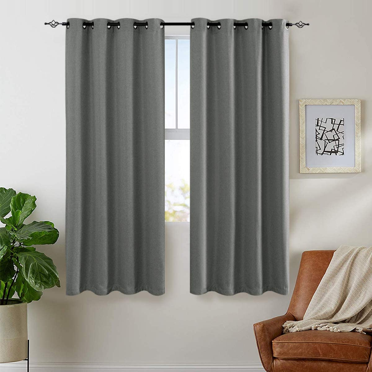 CURTAINKING Room Darkening Curtains 63 Inches Grey Faux Linen Curtains