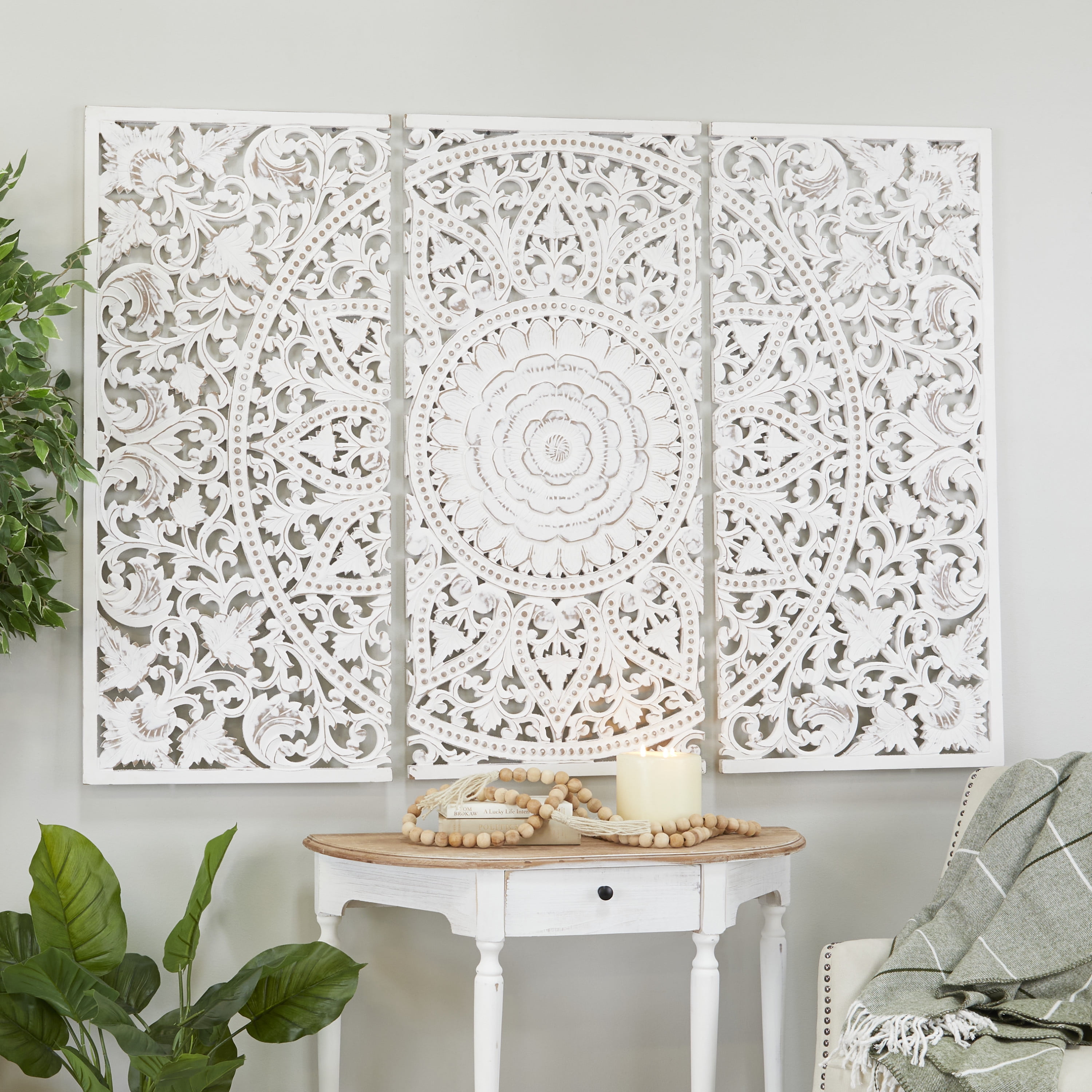 DecMode White Wood Handmade Intricately Carved Floral Wall Decor with ...