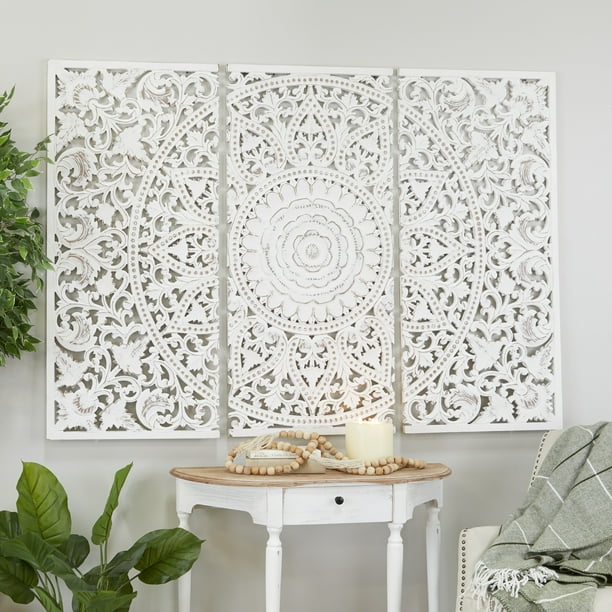 DecMode White Wood Handmade Intricately Carved Floral Wall Decor with ...